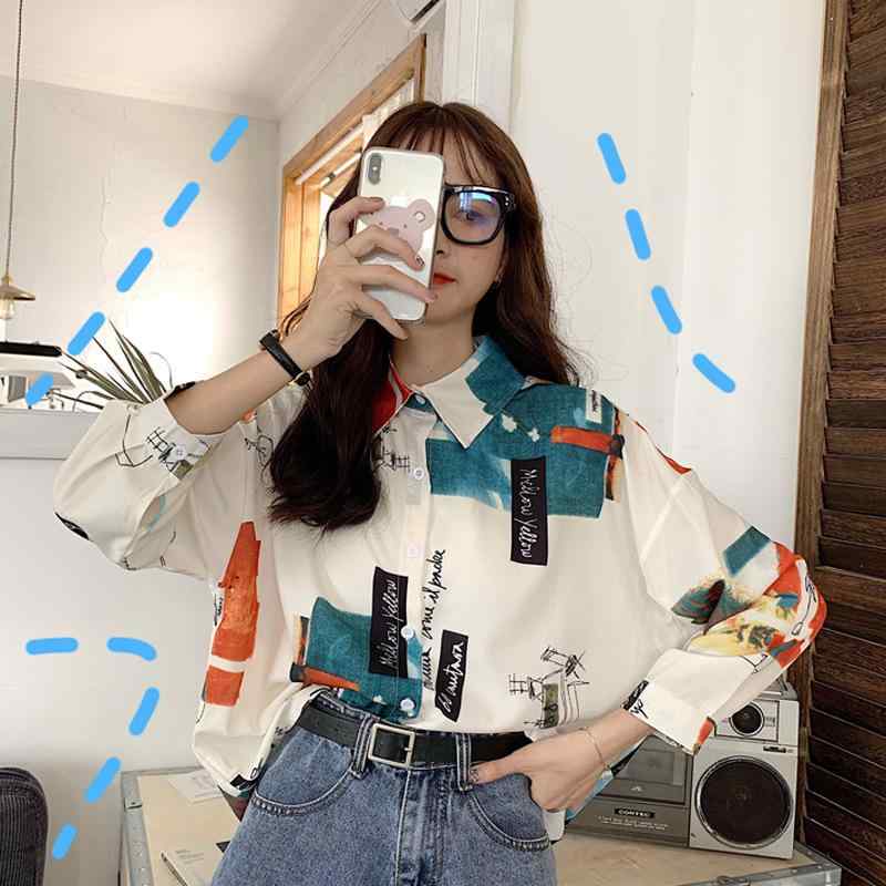 夏 日焼け 止め 服の シフォントップスレディース 秋 2024 新作 港の 味の ゆったり サイズ Poloの 襟の 長袖の 万能の 花の シャツ生地名: シフォン主な生地構成: その他主な生地構成 2: その他パターン: 手描きスタイル...