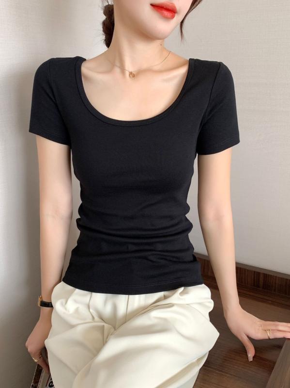 Tシャツ レディース 半袖 Uネック リブ トップス 無地 シンプル カジュアル おしゃれ 春夏 普段使い 着回し インナー カットソー デイリーユース 大人かわいい 重ね着 レイヤード 伸縮性 フィット感 すっきり見え 爽やか 柔らかい ...