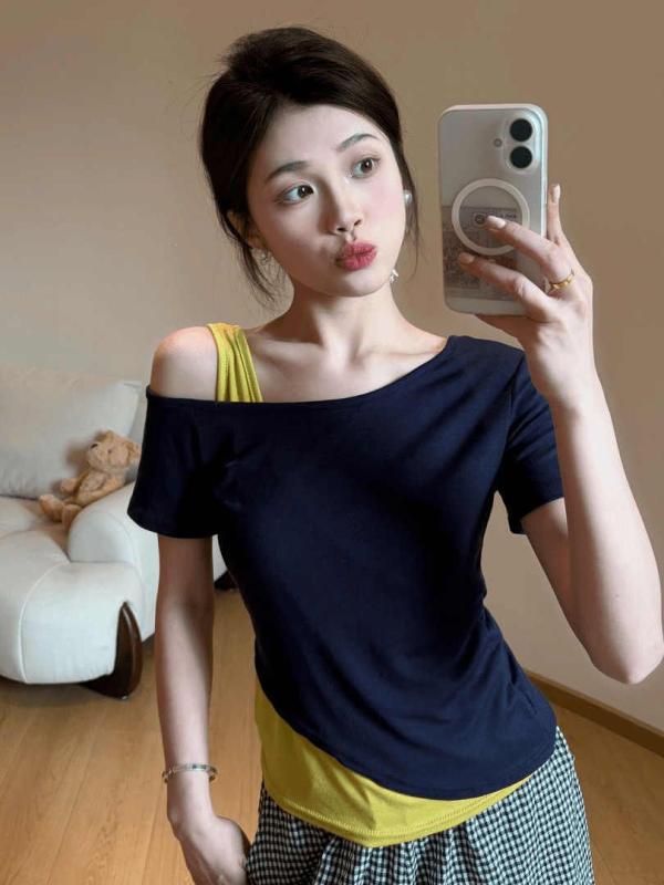 Tシャツ レディース 半袖 カットソー 切り替え 露肩 オフショルダー トップス 春夏 スリム 痩せ見え ファッション シック 韓国風 上着 カジュアル デート 普段使い 通学 通勤メイン生地成分：ポリエステル（ポリエステル繊維）パターン：...