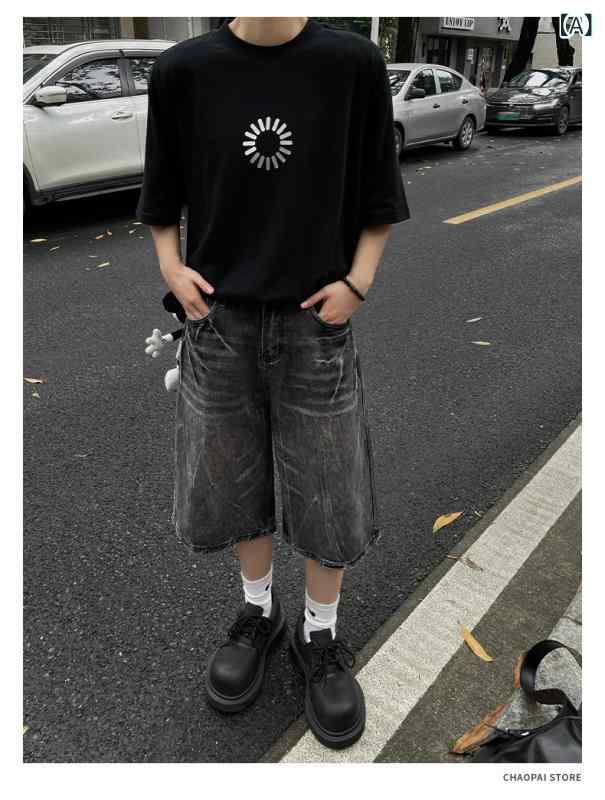 メンズ 猫ひげ ウォッシュ 七分丈 七分デニム 直筒 太め ウィズ ステッチ ジーンズ ショートパンツ・スタイル: 青春流行・款式: 基本款・裤型: 直筒型・特殊工艺: 手绘・裤长: 五分裤/中裤・腰型: 中腰・裤门襟: 拉链开襟・厚薄: ...