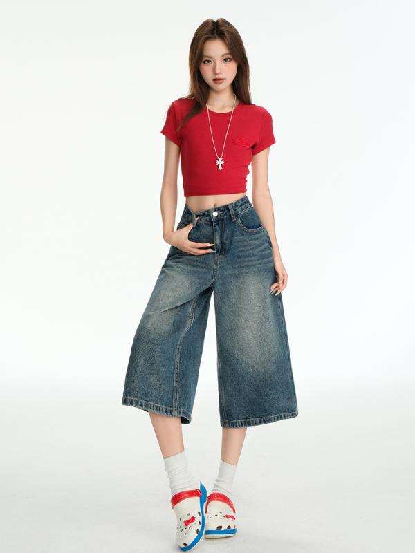 ・カテゴリ: デニムパンツ・素材: 綿（80%以上90%未満）・スタイル: ストレートパンツ・パンツ丈: クロップドパンツ（七分丈）・ウエスト: ハイウエスト・デザイン特徴: ウォッシュ加工・カラー展開: ヴィンテージブルー・サイズ展開: ...