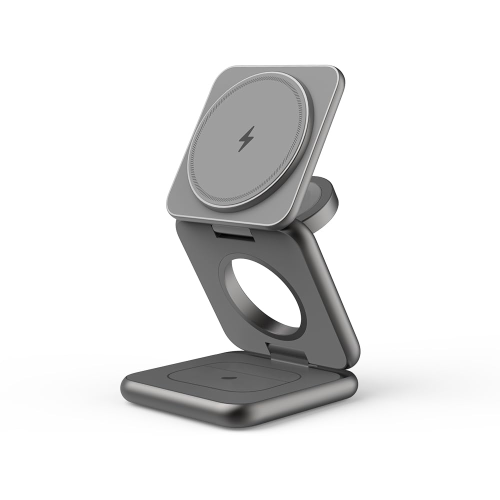 ・最大22Wで3つのデバイスを同時に充電・MagSafe対応の3in1ワイヤレス充電器・縦横360度対応・突出型の円形設計の充電パッド・温度検知保護・短絡保護・過電流保護・過電圧保護
