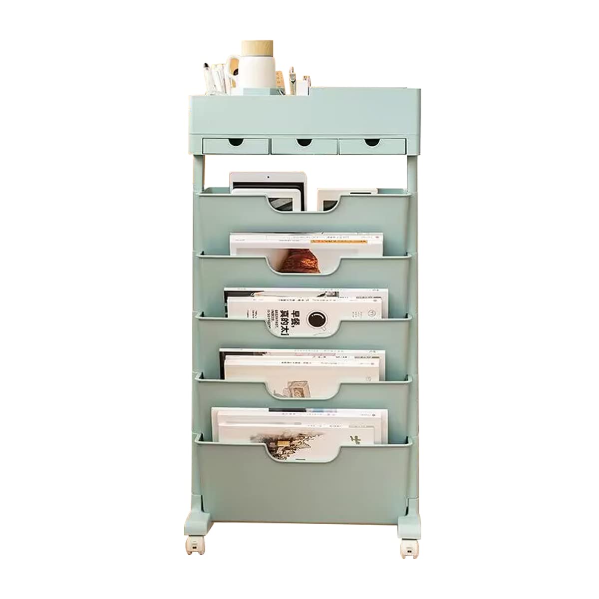・【6段式大容量でコンパクト】容量がおっきくて、およそ60冊の本を収納できます。本、文具、ティッシュ、クリップなどの小物も簡単に収納できます。コンパクトな設計で、狭い所にも設置できます。・【キャスター付き・移動便利】この収納ラックにはキャス...