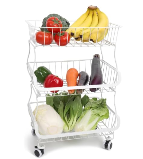 ・?【多機能収納】果物や野菜、調味料やキッチンツールを整理整頓するための万能収納スタッキングバスケット。キッチンや家庭内のあらゆる場所で使用できる便利なキッチンワゴンです。白色のシックなデザインがどんなインテリアにもマッチし、機能性とスタイ...