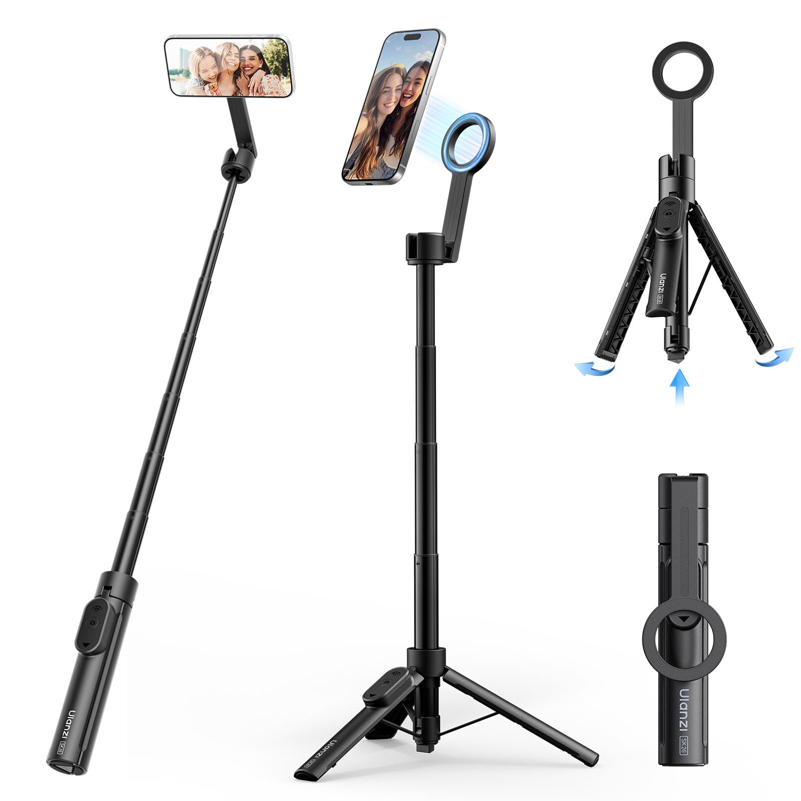 ・【ワンタッチ開く設計&コンパクト・軽量】Ulanzi 2026年新発売！自撮り棒の底に新しいプッシュボタンがあり、押しすると三脚が素早く開きます。 磁気式の自撮り棒は、スマホを挟む式のよりもっと便利でわずか1秒で取付可能！スマホ三脚と自撮...