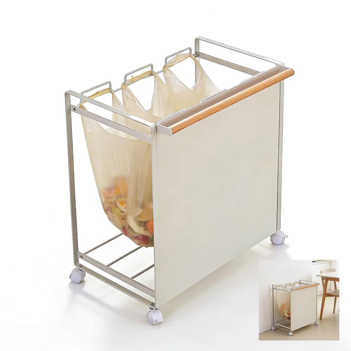 【ミニマリストな外観、家の装飾】クリーミーな白いボディ+天然木の色のハンドル、北欧/モダン/侘び寂びスタイルに適しており、ゴミの分類の工芸品であるだけでなく、スタイルを高める装飾品でもあります。【高品質の素材】このゴミ袋ホルダーは炭素鋼と木...