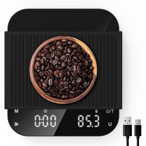 コーヒースケール [USB充電式-3KG/0.1g] Diyife コーヒー 秤 、デジタルはかり、高精度タイマー付き、自動風袋付きエスプレッソスケール、タッチセンサー、シリコンカバー、6単位風袋引き、食品、キッチン用 充電ケーブル付きブラ...