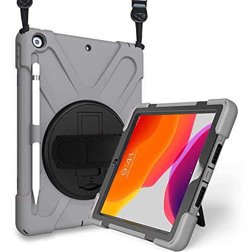 ProCase iPad 9/8/7 ショルダーケース 10.2”肩掛け式 耐衝撃カバー（2021 2020 2019) ペン収納 360°回転スタンド 手首付き 3層保護デザイン 現場作業 子供用 -グレーブランド: ProCaseメーカ...