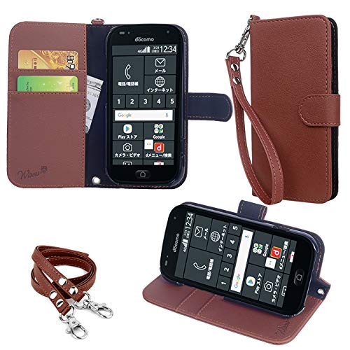 wisers らくらくスマートフォン F-42A / me F-01L 対応 手帳型スマホケース (ダークブラウン) 着脱しやすい (カードホルダー/スタンド機能付き) ストラップ 2種付き (ハンドストラップ/ネックストラップ)ブランド:...