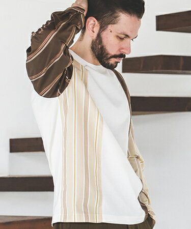 Navy Brown ▼製品説明 【by CAMBIO】 --CAMBIO -- 上質なカリフォルニアのサンフォーキンコットン天竺とシルキーなタッチな2種類のマルチストライプブロードを使用。クルーネックに袖口はカフス仕様でカットソーとシャツ...