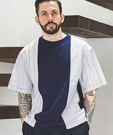 Navy Brown ▼製品説明 【by CAMBIO】 --CAMBIO -- 上質なカリフォルニアのサンフォーキンコットン天竺とシルキーなタッチな2種類のマルチストライプブロードを使用。異素材のミックスでアクセントを持つTシャツに落とし...