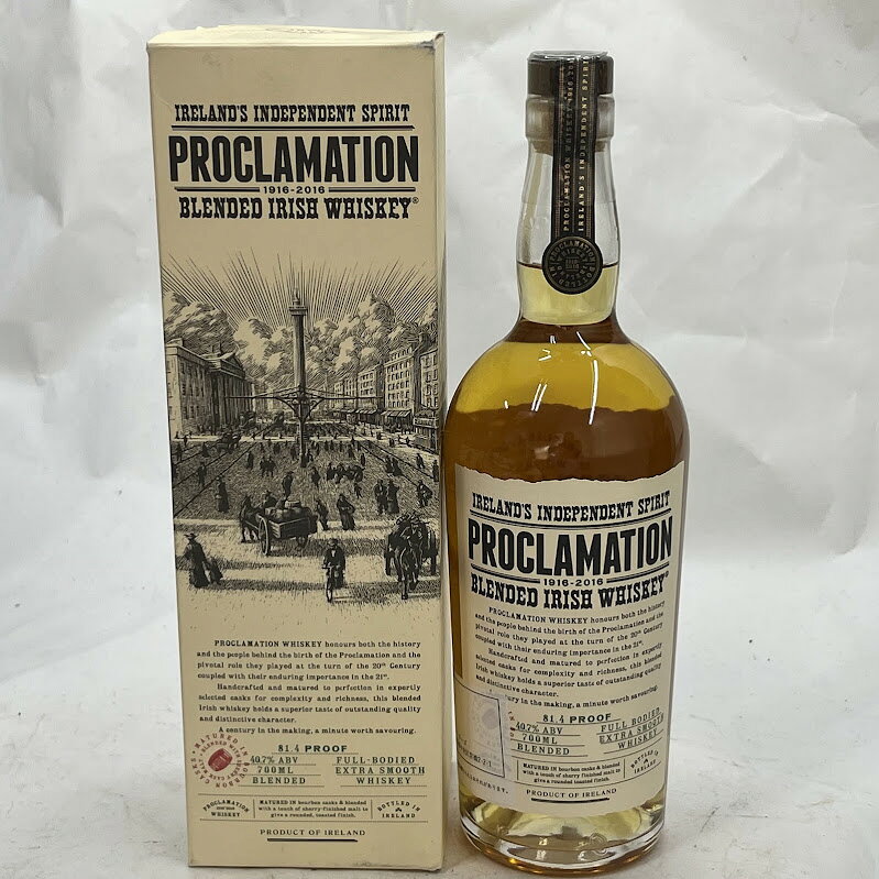 洋酒　　プロクラメーション ブレンデッド・アイリッシュウイスキー700ml40.7度 内容量 (ml) 700 アルコール度数 40.7 原産国 イギリス 付属品 箱 ※古酒につきコルクが破損しやすいです。慎重に開栓しましてもきっと起こりま...