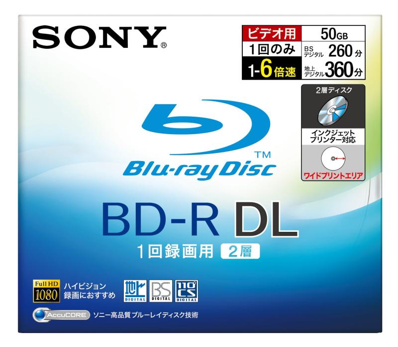 SONY 日本製 ビデオ用BD-R 追記型 片面2層50GB 6倍速 プリンタブル 単品 BNR2VBPJ6規格:-R / 容量(GB):50種類:AV用 / 記録面:片面2層 / 6倍速入数:1盤面印刷:可 / 印刷面:ワイド著作権保護:CPS