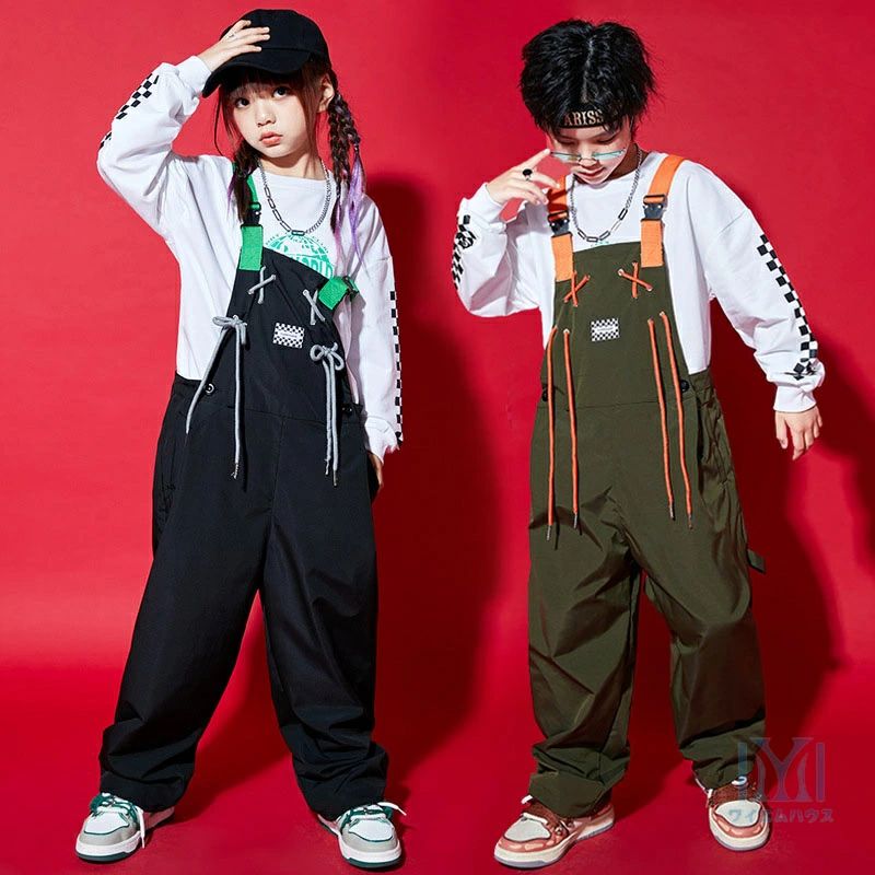 キッズ ダンス衣装 オーバーオール キッズ サロペット k-pop衣装 ヒップホップ 男の子 ガールズ hiphop ジュニア ダンスパンツ ストリート 黒 緑 イベント 個性 韓国風 子供服 キッズダンス ファション セットアップ つなぎ...