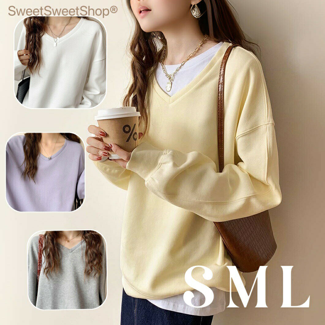 2026/04/07 更新マカロン色 大きめ 長袖Tシャツ クルーネック Vネック ドルマンニット カットソー 全4色 3サイズ スリット オープンフロント トップス 長袖 レディース プルオーバー インナー 春 秋 冬 シンプル 重ね着 ...