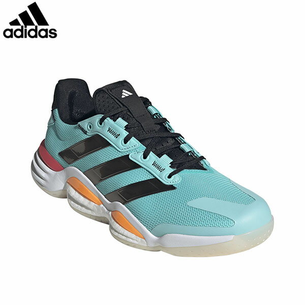 JR7123スタビル 16 インドア / Stabil 16 Indoorフラッシュアクア/コアブラック/セミルシッドレッドディフェンダーを抜き去り、勢いよく踏み切ってジャンプシュートをキメるのをアシストする、アディダス インドアシューズ。...