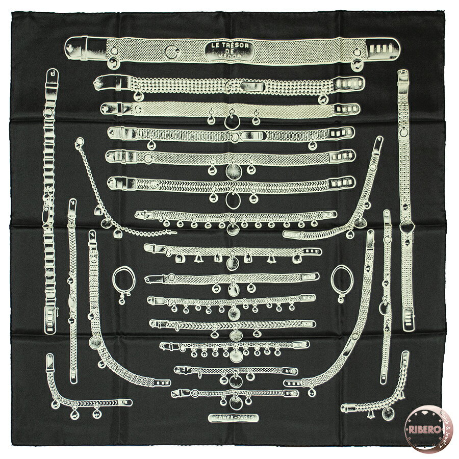 商品説明☆エルメス カレ 90 「トレゾール・ドゥ・メール（Le Tresor de Medor）」のご紹介です。 さまざまな犬の首輪（コリエ・ド・シアン）が長さと大きさ順に左右対称になるように緻密に配置されています。 ※目立つ汚れ等もなく...