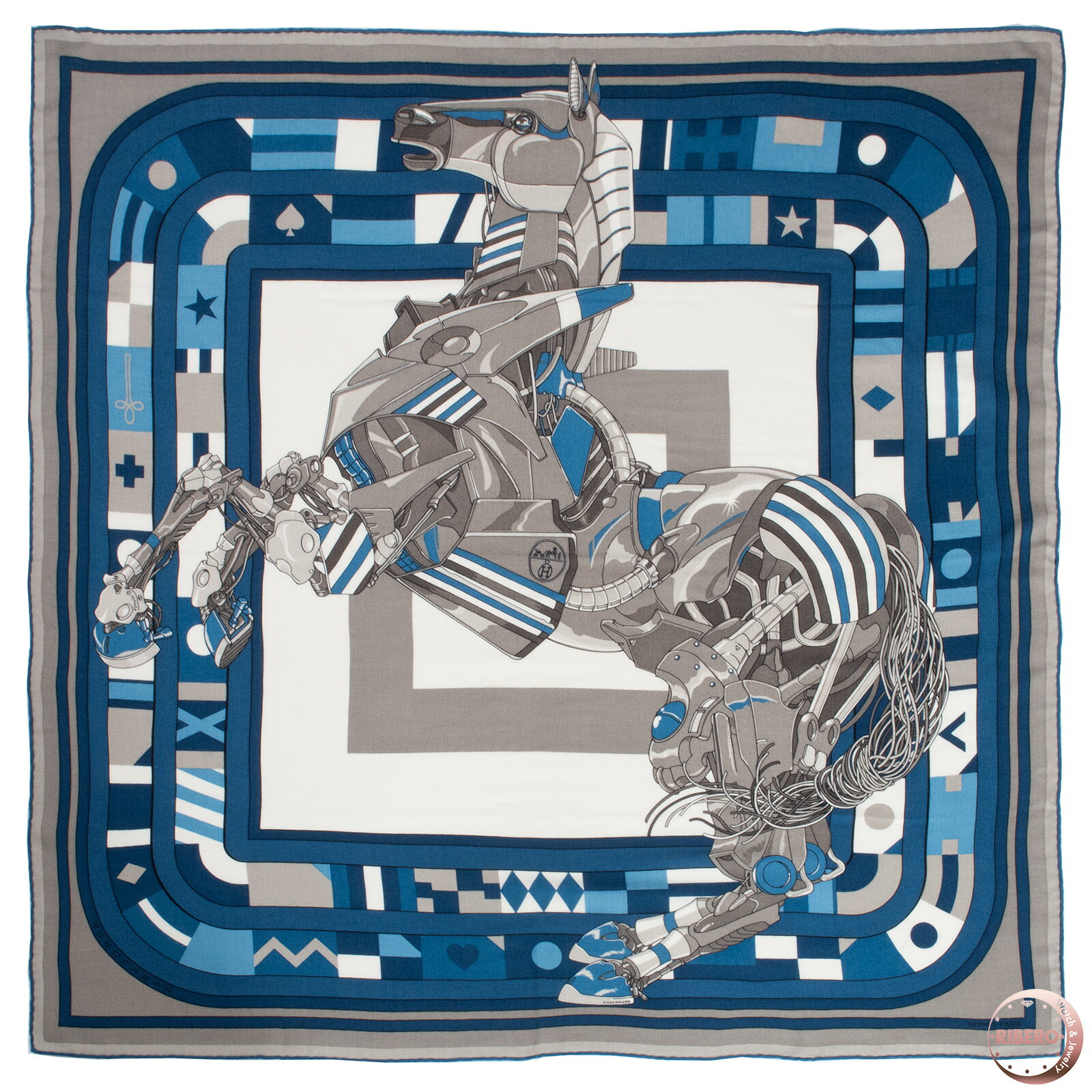 コンディション ※糸ツレ箇所がございますが、着用時目立つ程ではございません。 型番103982T 06 モデルカレ100 Robocabar ロボカバール カラー エトゥープ/ブラン/ブルー 素材カシミヤ/シルク サイズ W約100cm x...