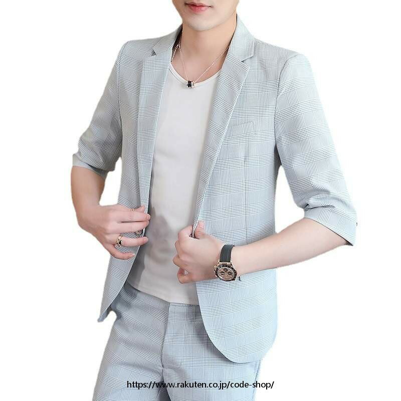 春夏 高品質 メンズ ブレザー セットアップ 七分袖 夏ジャケット 2点セット ジャケット+パンツ 男性 チェック柄 ブレザー カジュアル パーティー 結婚式 軽くて涼しい クールビズ 送料無料 2点セット ジャケット+パンツ 男性 チェッ...
