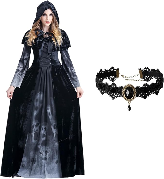 商品情報ハロウィンテーマハロウィンコスプレ 死神、吸血鬼、悪魔、魔女、魔法使いのコスチュームです。ハロウィン、コスパーティなどのイベントだけでなく、写真撮影にも最適です。神秘的な雰囲気が増しています。2点セット：ドレスとブラックネックレスが...