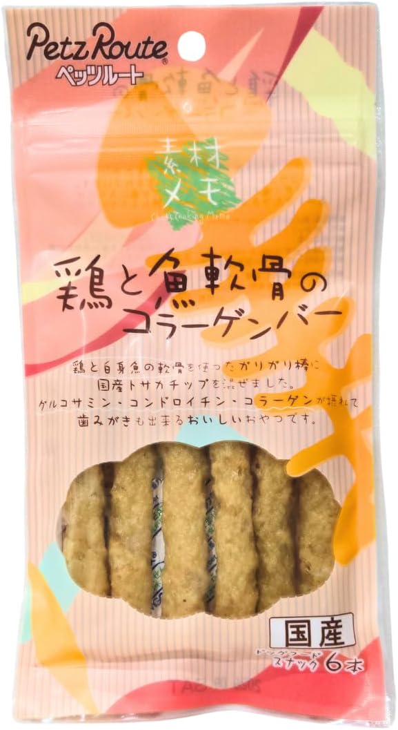 鶏と白身魚の軟骨を素材に使ったガリガリ棒。グルコサミン・コンドロイチン・コラーゲンを摂取できます。 ガリガリ噛むことでトサカチップが歯に入り込み、歯みがきも出来るおいしいおやつです。 内容量：6本入×3袋 原材料：鶏肉(胸肉、軟骨、トサカ)...