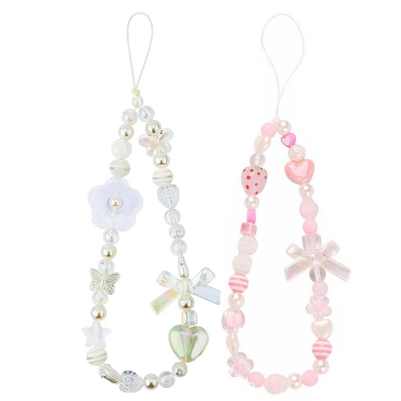 Morices 2個 輝く 携帯電話のチャーム、蝶 花 真珠 いちご ビーズ リストストラップ ペンダント ランヤード、落下防止 紛失防止 ユニバーサル 携帯電話 ブレスストラップ 女性用 電話チェーン【高品質材料】🎀私たち...