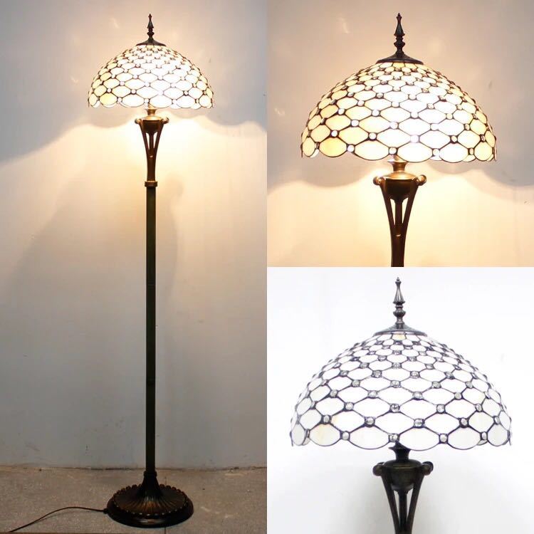 美しいガラスはどこから見ても華やかで美しい。繊細な造りの素敵なステンドランプ消灯時も素敵なインテリアになりますねサイズ ：幅約40x高さ約165cmワット数 ：60w x 2 (口金 E26）コードの長さ: 150cm素材：ガラス、樹脂、合...