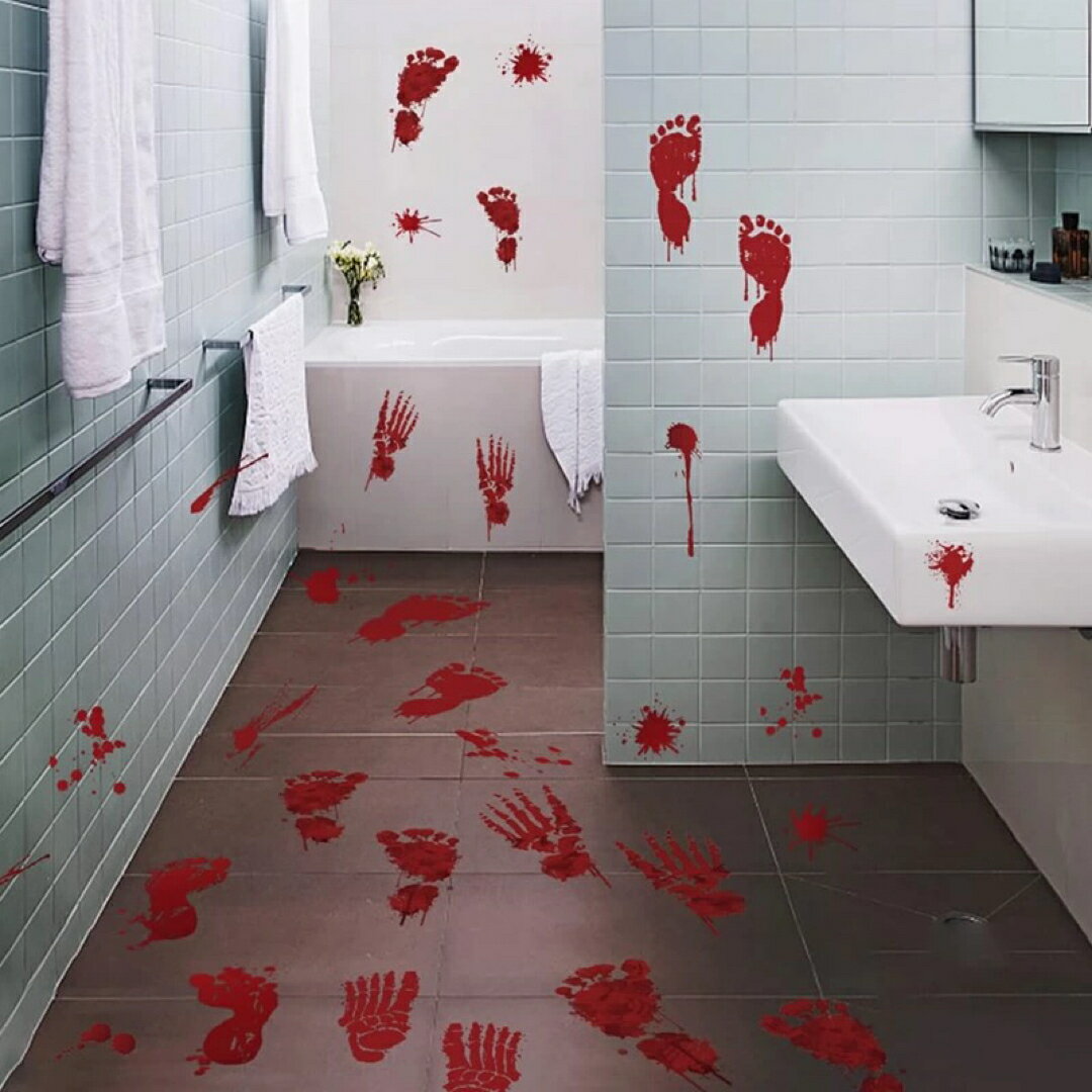 商品説明 材質：PVC素材（裏面粘着性あり）&nbsp;静電素材サイズ：25×35cm&nbsp;&nbsp;14枚入り特徴： ?リアルな血の手形・血しぶきデザインでホラー感を演出 ?壁、窓、鏡、ドア、床など様々な場所に簡単に貼り付け可能 ...