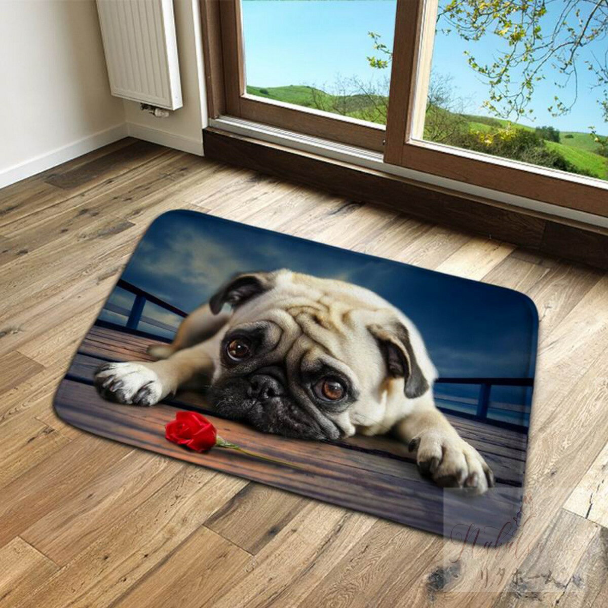 ラグカーペット ラグマット 40x60cm PUG玄関マット・パグ雑貨 玄関マット サイズ：40x60（cm)厚さ：0.6cm素材表地：ポリエステル100％裏面：不織布(PVC点滑り止め)（50x80、60x90もあります）☆発送の際、折り...