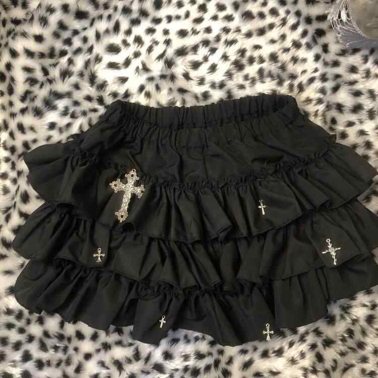 スカート レディース Y2K ギャル風 ダーク ゴス 十字架 見え防止 インナー 付き チュール フレア ミニ ショート ストリート ファッション かわいい 個性派・スタイル: 百搭・腰型: 高腰・スカート型: ティアードスカート・厚み: ...