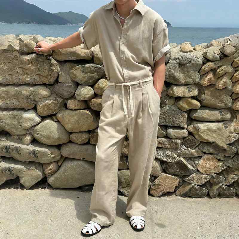 メンズ 春夏 短袖 折り襟 麻 シャツ ゆったり パンツ セット 高級感 涼感 カジュアル 普段使い 通気性 軽量 クール スタイル・シルエット: ゆったり・特殊加工: ノーアイロン・基本スタイル: 青春・袖: 落とし肩・使用対象: 若者・...