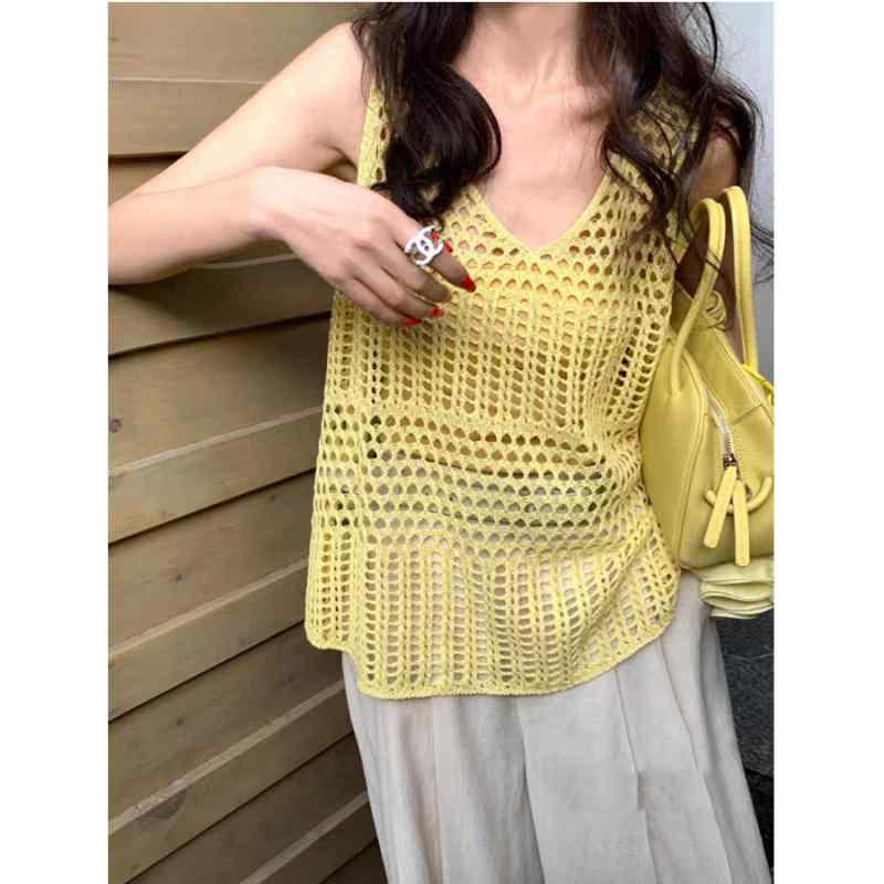 レディース 夏用 透けニット キャミソール 無袖 Vネック レイヤード トップス ビビッドカラー 伸縮性 軽量 性 ポップスタイル・韓国・版型: ゆったり・要素: 透け・主な素材: ポリエステル70%.綿30%・生地: ニット・款式: プル...