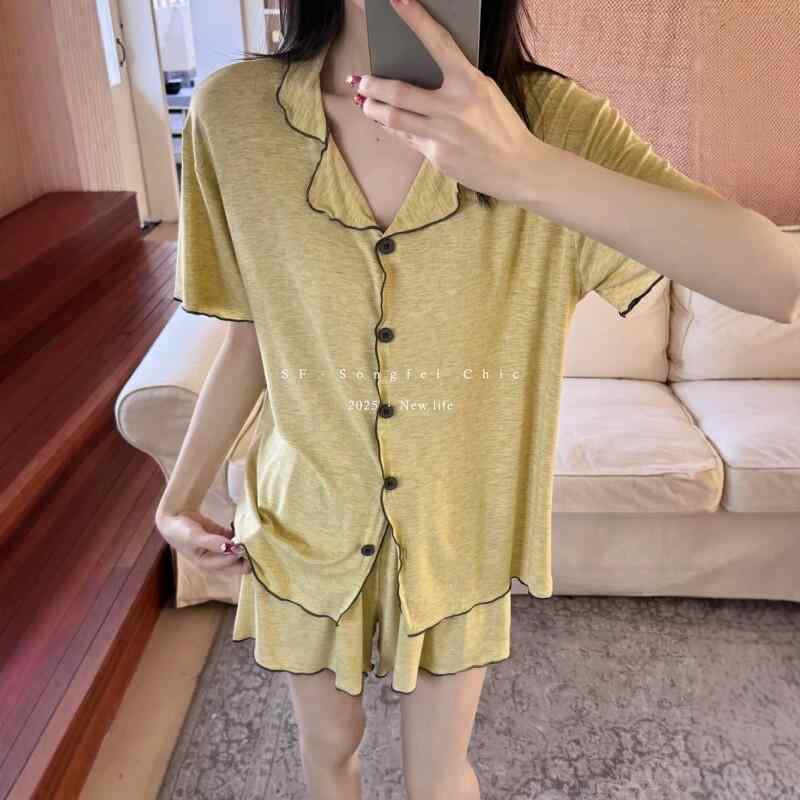 レディース 夏用 パジャマ セット フリル エッジ 短袖 トップス ショーツ ルームウェア 肌触り 良い 素材 通気性 吸湿 速乾 部屋着 寝間着 軽量 柔らかい コットン 風 リラックス ウェア・スタイル: シンプル・素材: モダール・ウ...