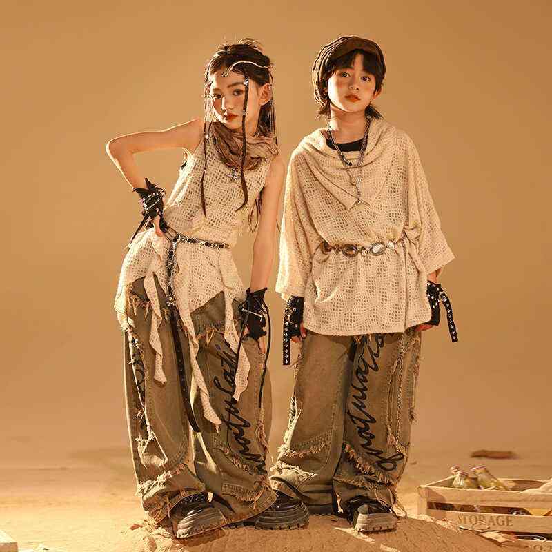 キッズ ヒップホップ ストリートダンス 夏服 男女 廃土風 演出衣装 西域風 撮影用 ダンスウェア 子供用 ストリートスタイル 夏用 軽量素材 伸縮性 吸湿速乾 通学以外 アウトドア 普段使い・スタイル: ヒップホップ・対象年齢: 4歳,5...