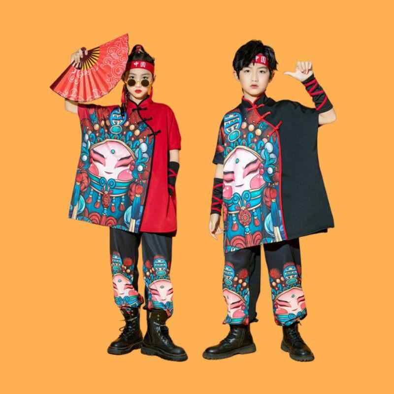 キッズ 中国風 京劇 面譜 モチーフ ダンス衣装 国潮 ヒップホップ ストリートダンス 学校 公演用 祝賀 イベント パフォーマンス コスチューム 男の子 女の子 対象 カラフル 動きやすい 伸縮素材・風・主な素材: ポリエステル100%・...
