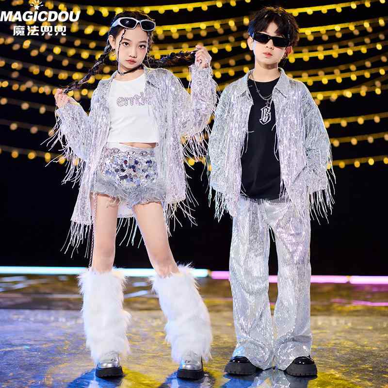 キッズ ダンス衣装 ヒップホップ ジャズダンス ストリートダンス セット 男の子 女の子 スパンコール 輝き ステージ パフォーマンス ランウェイ ストリートスタイル 子供服 キラキラ セットアップ・スタイル: ヒップホップ・適用ダンスタイ...