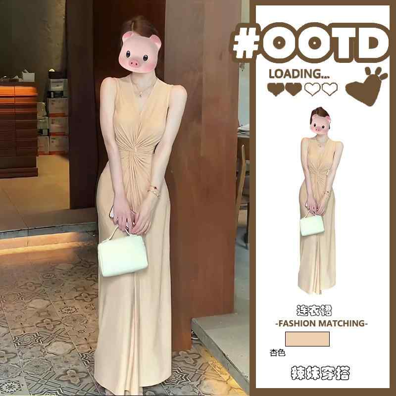 ワンピース レディース Vネック ノースリーブ 韓国 夏用 高級感 ウエストシェイプ 細見え プリーツ オフショルダー ロング丈 Aライン カジュアル スタイル 軽やか 涼しい フレアシルエット・スタイル: エレガント・ウエスト: シェイプ...