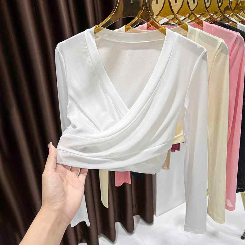 レディース 深Vネック チュール ブラウス 透明 クロス 短丈 防晒 UVカット 薄手 レース インナー トップス 夏用 軽量 通気性 女性用 レイヤード・・柄: 無地・ネックライン: Vネック・カラー展開: ブラック.ホワイト.杏色.ピン...