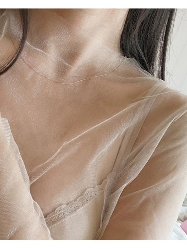 トップス レディース 半ハイネック レース 長袖 シースルー 透け感 チュール インナー レイヤード 秋冬 伸縮性 軽量・（韓国）・柄: 無地・ネックライン: 半高領・カラー展開: ホワイト（無縁）.杏色（無縁）.ブラック（無縁）.ホワイト...