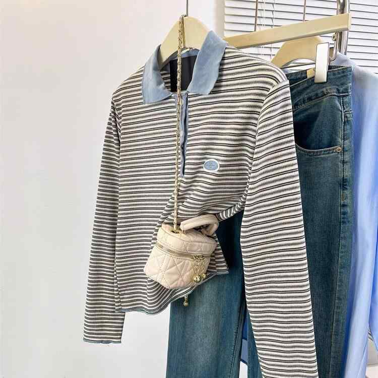 レディース 長袖 ポロカラー Tシャツ コントラストストライプ 正肩 性 おしゃれ インナー用 ショート丈 トップス ベースレイヤー レイヤード 普段使い カジュアル 伸縮性 柔らかい素材 若見え シルエット・シルエット: ゆったり・袖丈:...