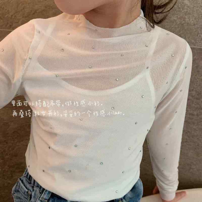 キッズ 女の子用 レース 長袖 メッシュ トップス UVカット インナー ラインストーン 装飾 透け感 夏服 吸湿速乾 軽量 伸縮性・袖丈: 長袖・襟型: 波浪領・柄: 菱形・性別: 女性・カラー展開: 白.黒・サイズ展開: 80cm.90...