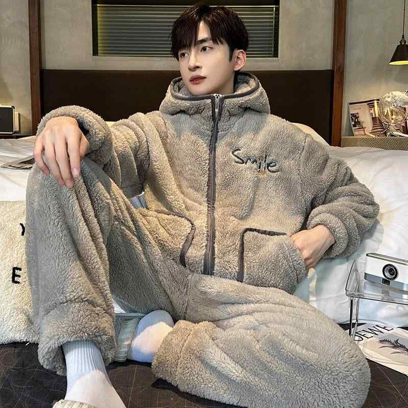 パジャマ メンズ 秋冬 厚手 コーラルフランネル フランネル フード付き ルームウェア セット 暖か ソフト 部屋着 外出着・スタイル: シンプル・柄: プリント・パンツ丈: ロング・素材: 珊瑚フリース・対象: 若者・ウエスト: ゴム・用...