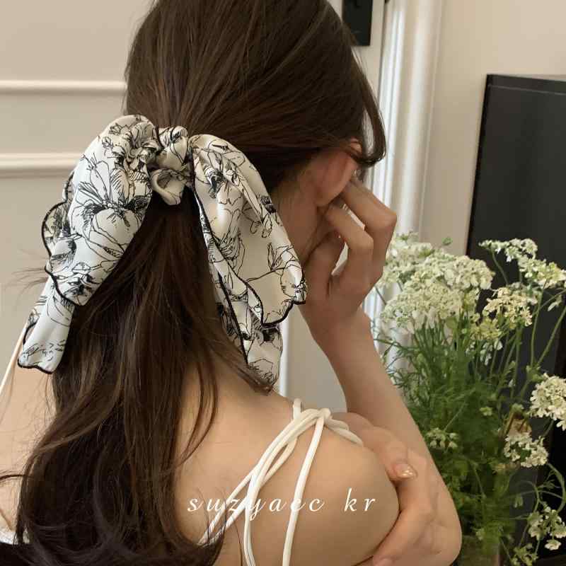 ヘアゴム レディース ポニーテール用 フランス風 水墨柄 リボン 低めスタイル 高級感 ユニーク ヘアアレンジ アクセサリー 普段使い・カテゴリ: ヘアゴム・スタイル: 日韓・カラー展開: 水墨花朵
