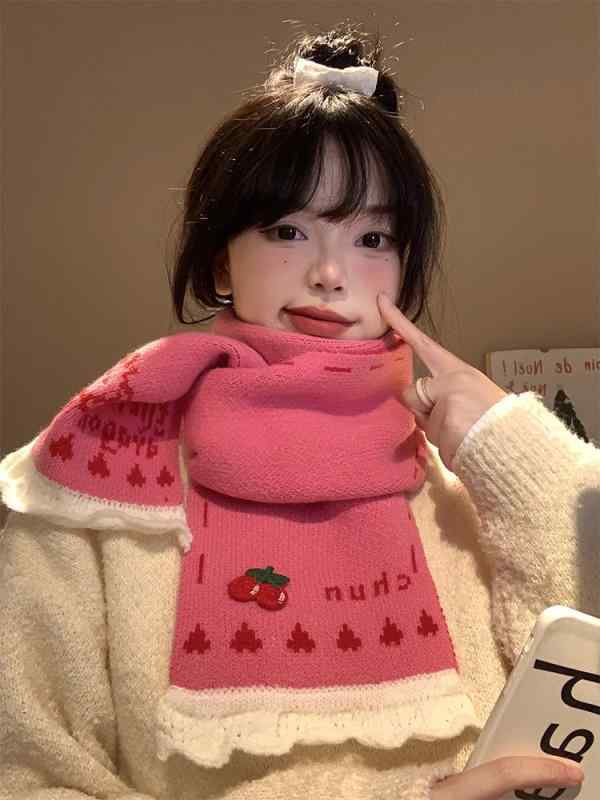 マフラー レディース かわいい 立体 チェリー レース 縁 ニット 冬用 厚手 暖か 普段使い 学生向け 柔らかい 巻きやすい ネックウォーマー グレー ピンク ブラック・カテゴリ: スカーフ・スタイル: 韓国・幅: 15cm・長さ: 14...
