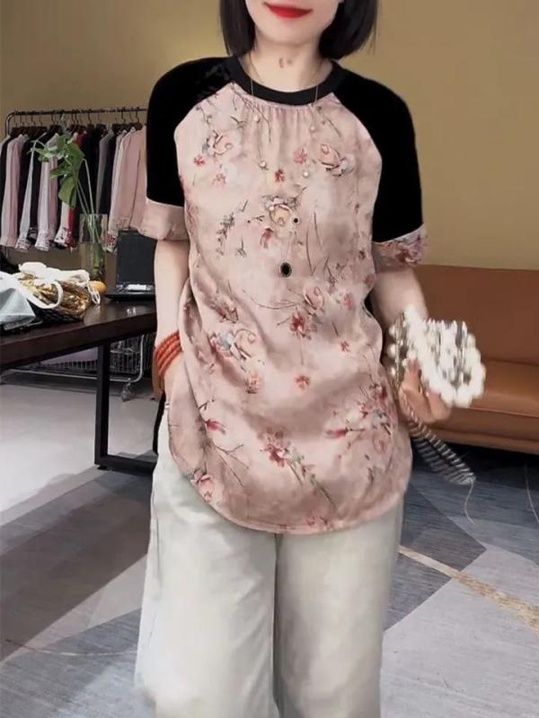 Tシャツ レディース 短袖 夏 中華風 切り替え ベルベット ゆったり スリムシルエット エレガント コーディネートしやすい トップス 上着・スタイル: カジュアル・袖丈: 短袖・丈: 標準・サイズ展開: L.XL.2XL.3XL.4XL....