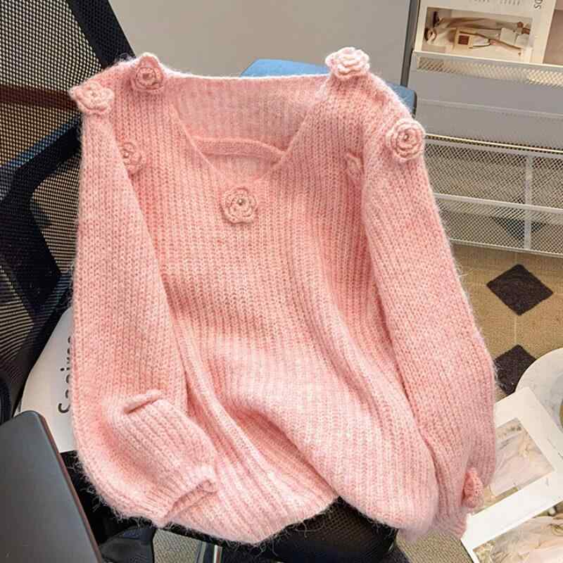 セーター レディース 秋冬 Vネック 立体フラワー ニット プルオーバー ソフト 暖か トップス 柔らかい素材 ゆったりシルエット・・版型: ゆったり型・要素: 立体装飾.3D・袖型: 標準・毛糸の太さ: 標準毛糸・組み合わせ: 単品・厚み...