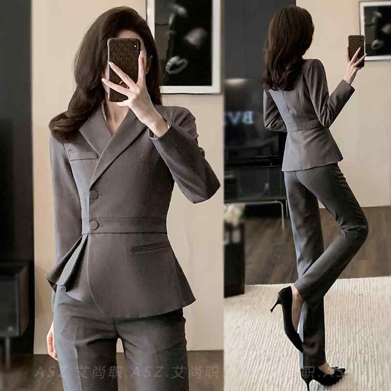 スーツセット 女性用 秋冬 グレー 高級感 職業装 美容院 ホテル前台 宝石店 接客用 上品 洗練 セットアップ ジャケット パンツ コーディネート・・版型: スリム・詳細: ボタン.プリーツ.スプライス.ラッフル・主な素材: ポリエステル...