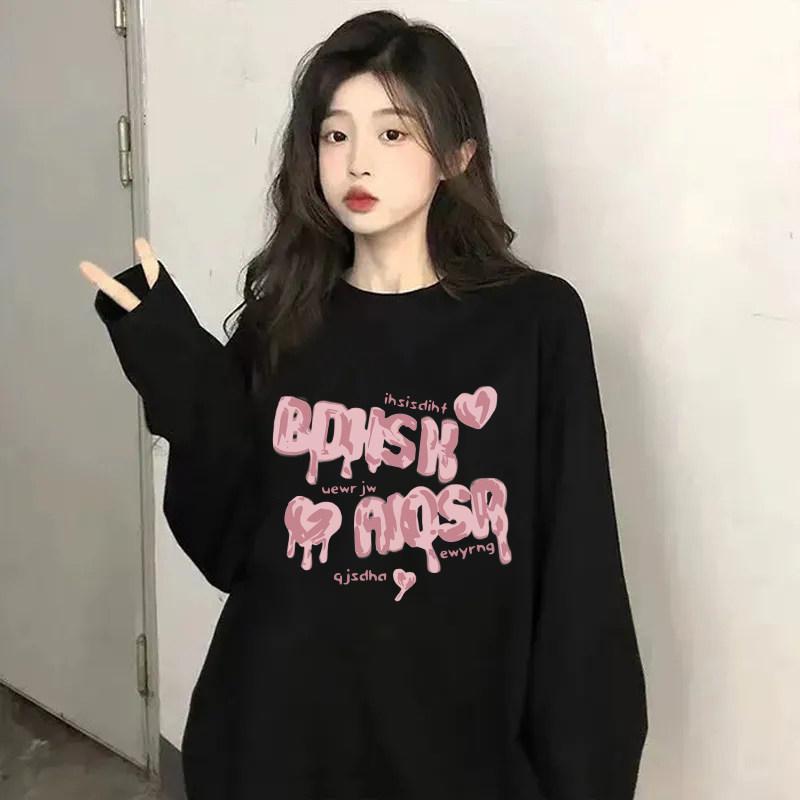 Tシャツ レディース 長袖 コットン ゆったり ブラック 秋 ストリート レタープリント アメリカンスタイル インナー トップス カジュアル 普段使い・サイズ展開: M.L.XL.2XL.3XL・主な素材: 綿95%.その他5%・柄: 文字...