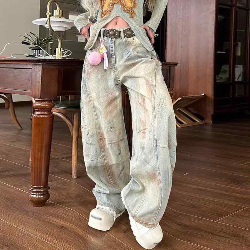 ジーンズ ワイドパンツ ロングパンツ 泥染め ダーティ加工 ゆったり ヒップホップ ストリートファッション 男女兼用 カジュアル デニム素材 膝下丈 ラフスタイル ユニセックス ボトムス くつろぎ着用・スタイル: ワイドパンツ・厚み: 普通...
