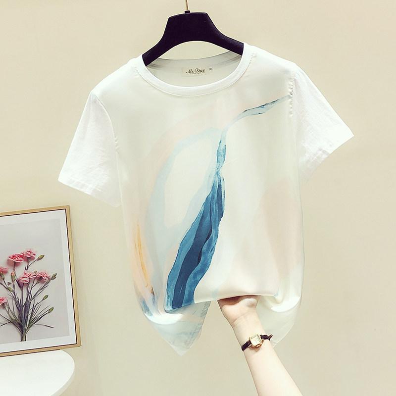 トップス レディース 短袖 切り替え 　 タイダイ プリント ホワイト 夏用 軽量 通勤 普段使い 伸縮性 吸湿速乾 スタイリッシュ・対象年齢: 25-29歳・サイズ展開: S.M.L.XL.XXL・柄: 幾何プリント・韓国・ネックライン:...